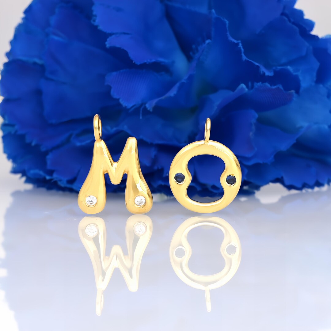 14K Gold Diamond Bubble Letter Pendant - Initial Charm - Etsy