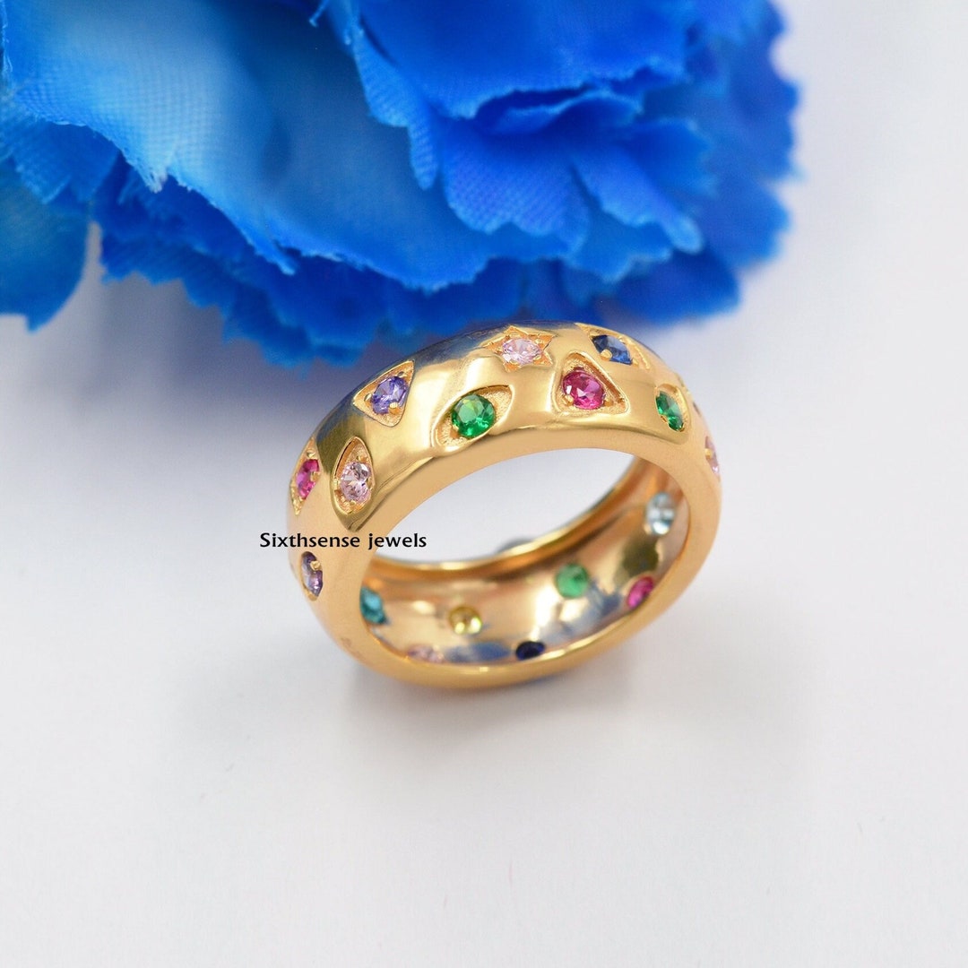 Multi Gemstone Cigar Band Ring, 925 Silver Gemstone Cigar Band Ring, Flush Set Scatter Wedding ...