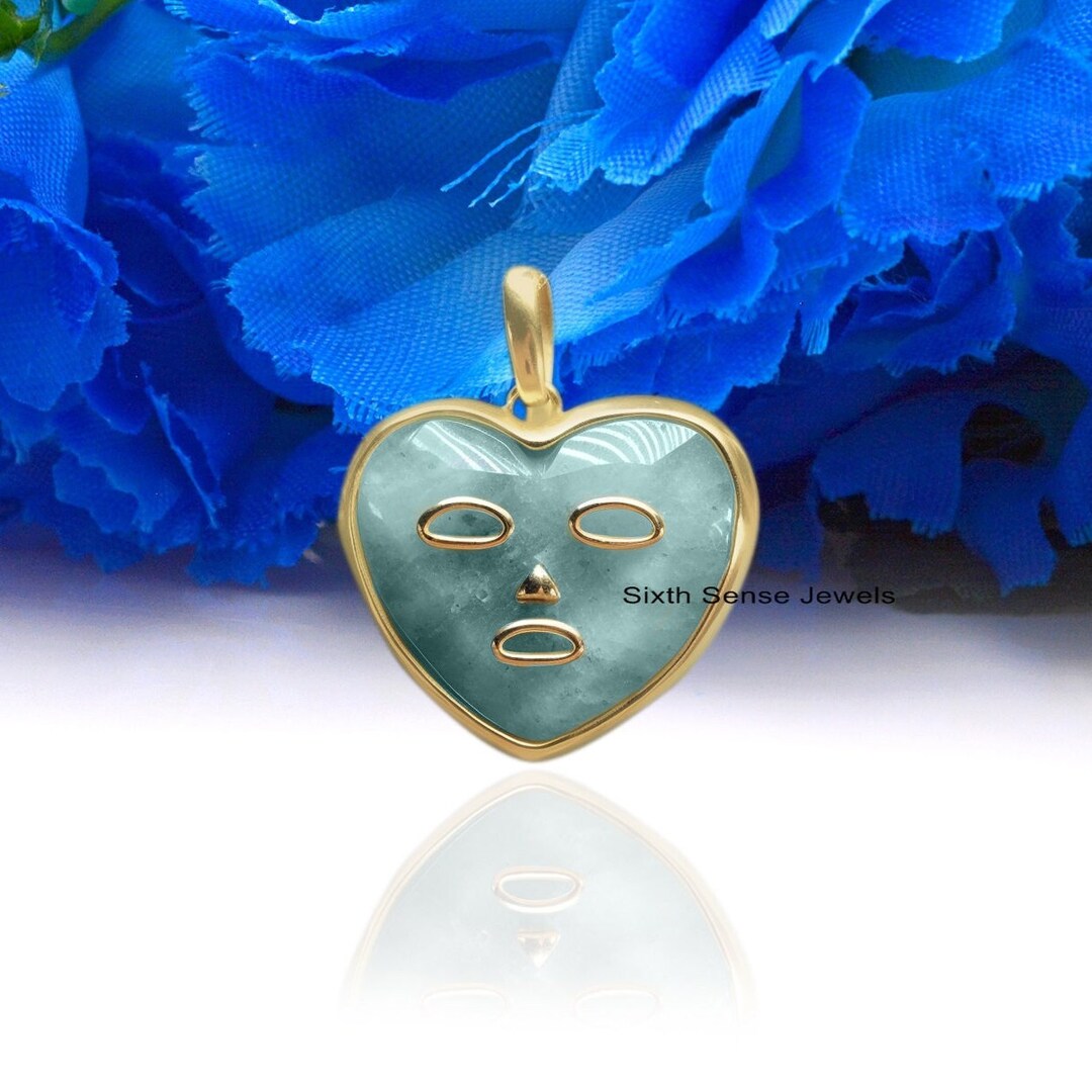 14K Gold Gemstone Face Heart Pendant, Carved Face Heart Pendant ...