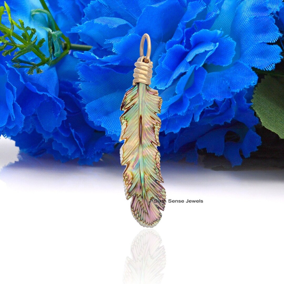 14K Gold Abalone Feather Pendant, Abalone Feather Pendant, Carved Shell ...