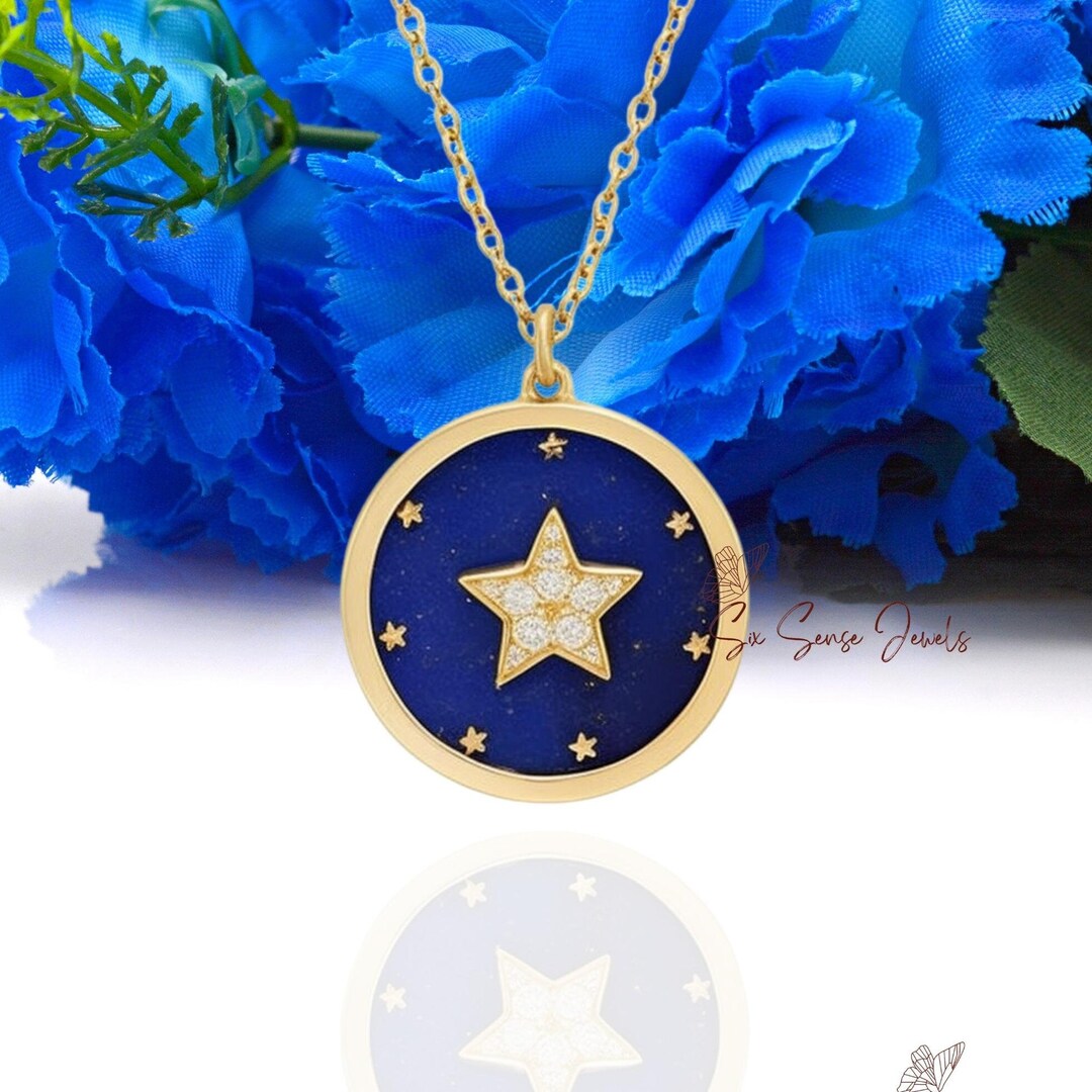 925 Gemstone Lapis Star Disc Pendant, Star Disc Pendant, Cresent Design ...