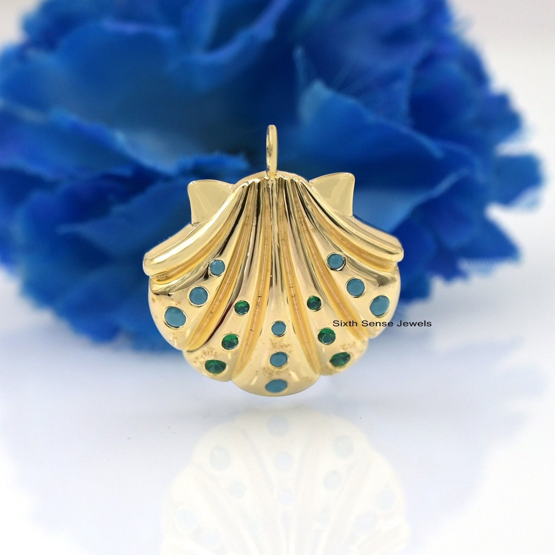 14K Gold Gemstone Shell Pendant, Solid Gold Shell Pendant, Gold Sea ...