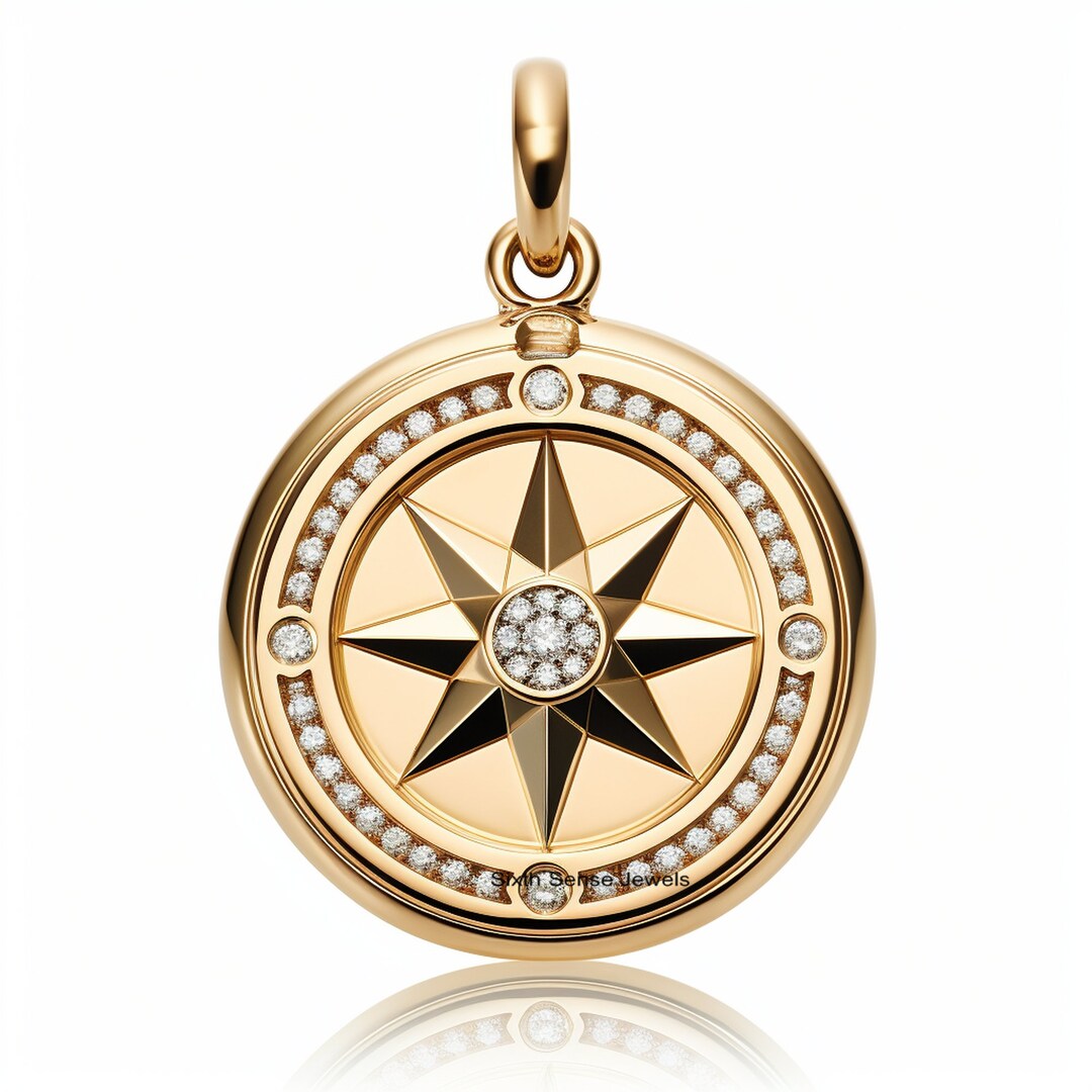 14K Gold Compass Pendant, Silver Diamond Compass Pendant, Elongated ...