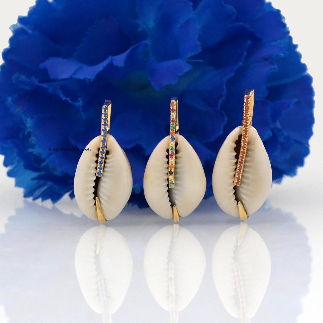 14k Gold Gemstone Shell Pendant, Gemstone Shell Charm Pendant, Multi ...