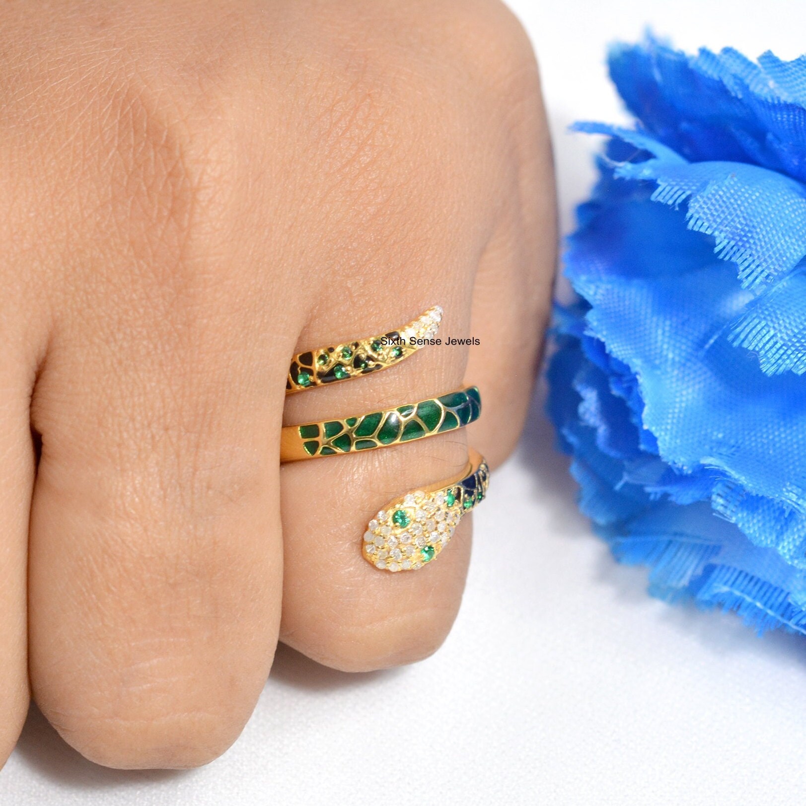 925 Silver Diamond Emerald Green Enamel Snake Ring - Etsy