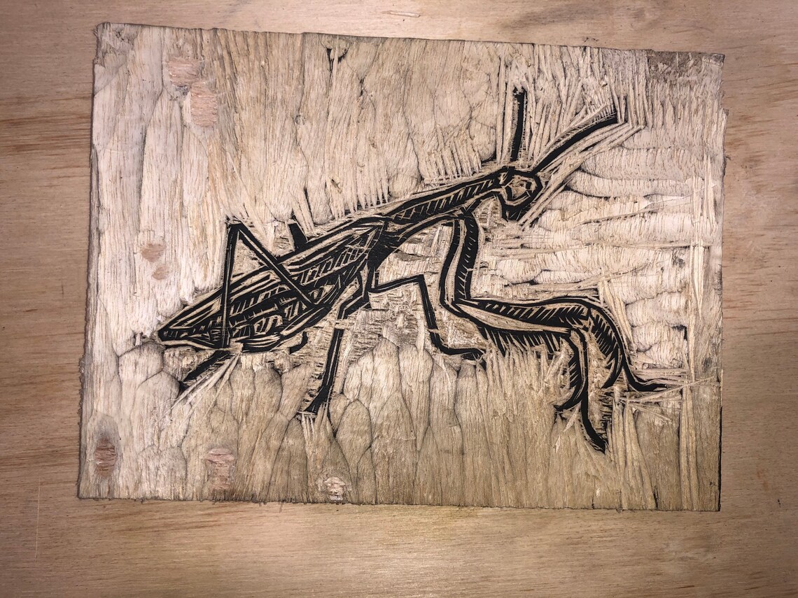 Pray Mantis Wood Cut Original Print, Woodcut Animal Print, Printed by ...