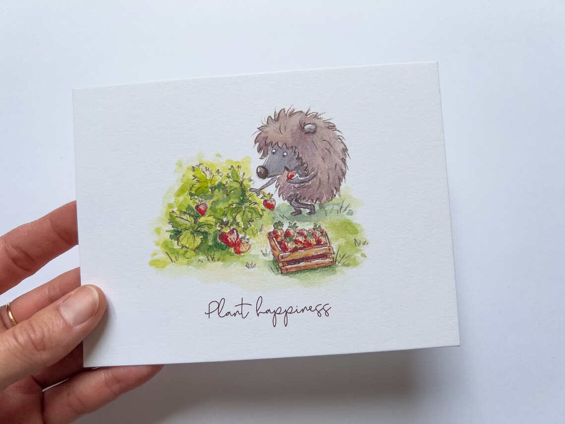 Plant Happiness Postcard Hedgehog Card Strawberries - Etsy