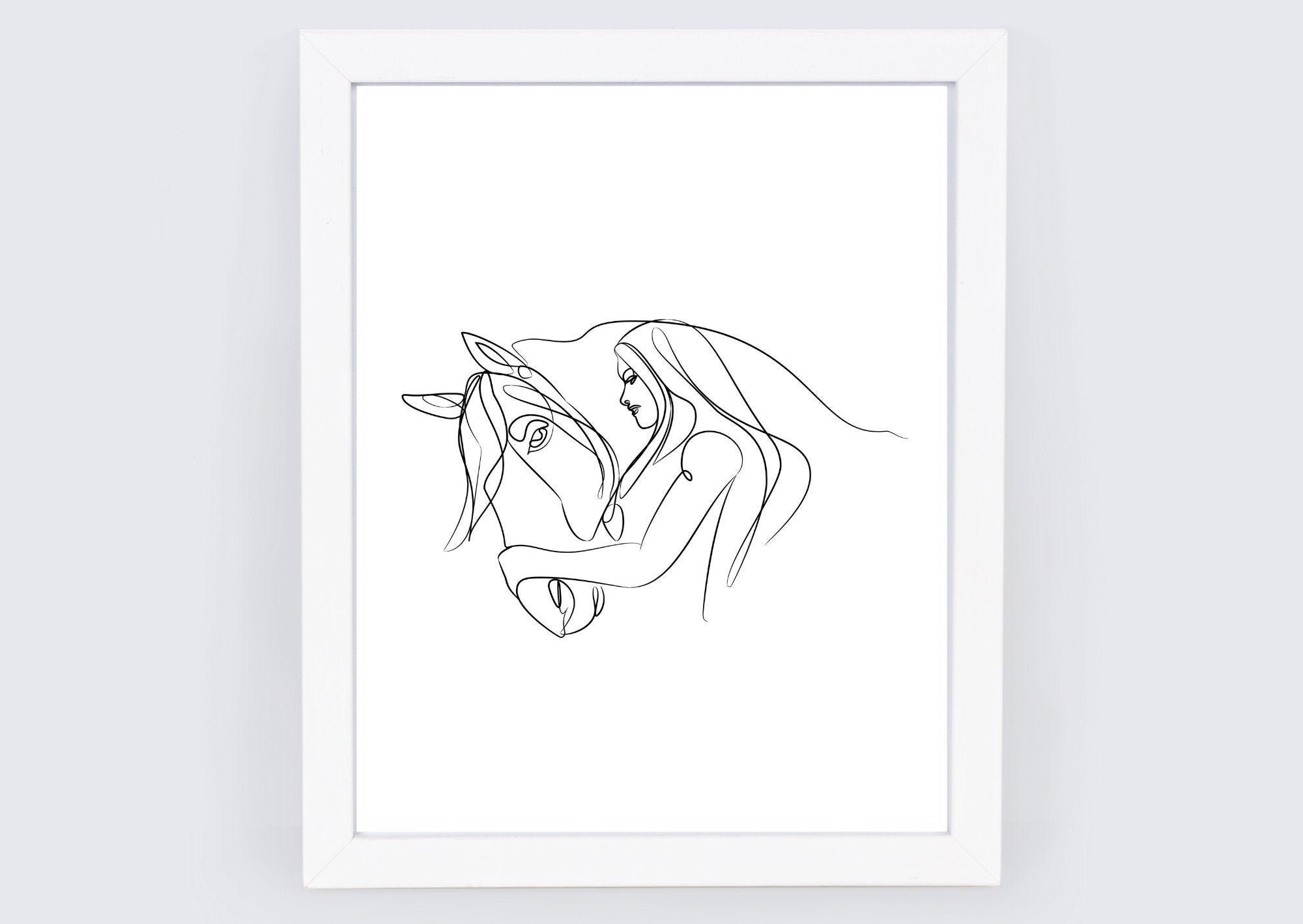 Woman and Her Horse Line Art - Etsy