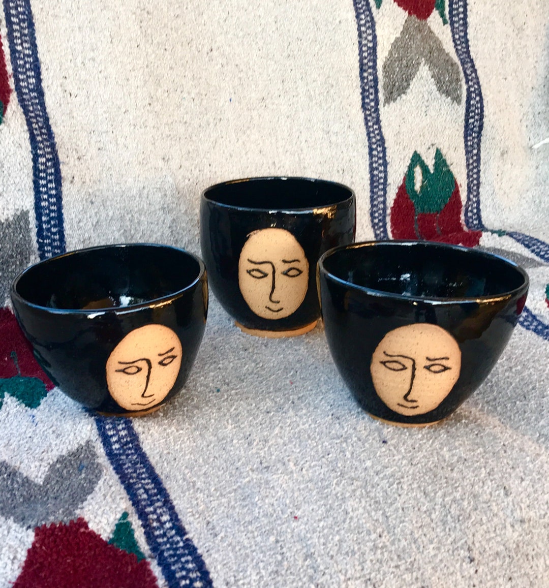 Artisan Pottery Face Bowls - Stoneware With Black Glaze - Etsy
