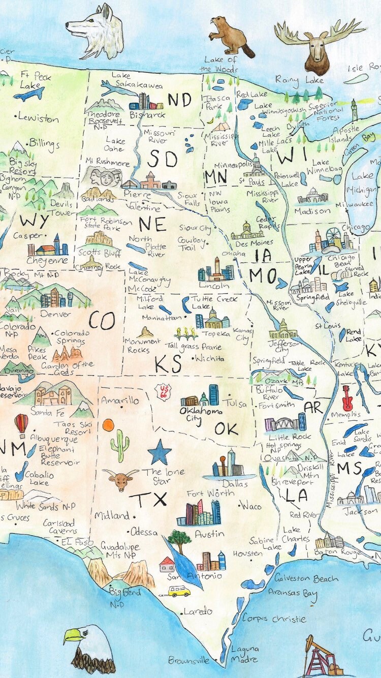 USA Wall Map, Water Colour Map, Tourist Attraction, A4 Art Print ...