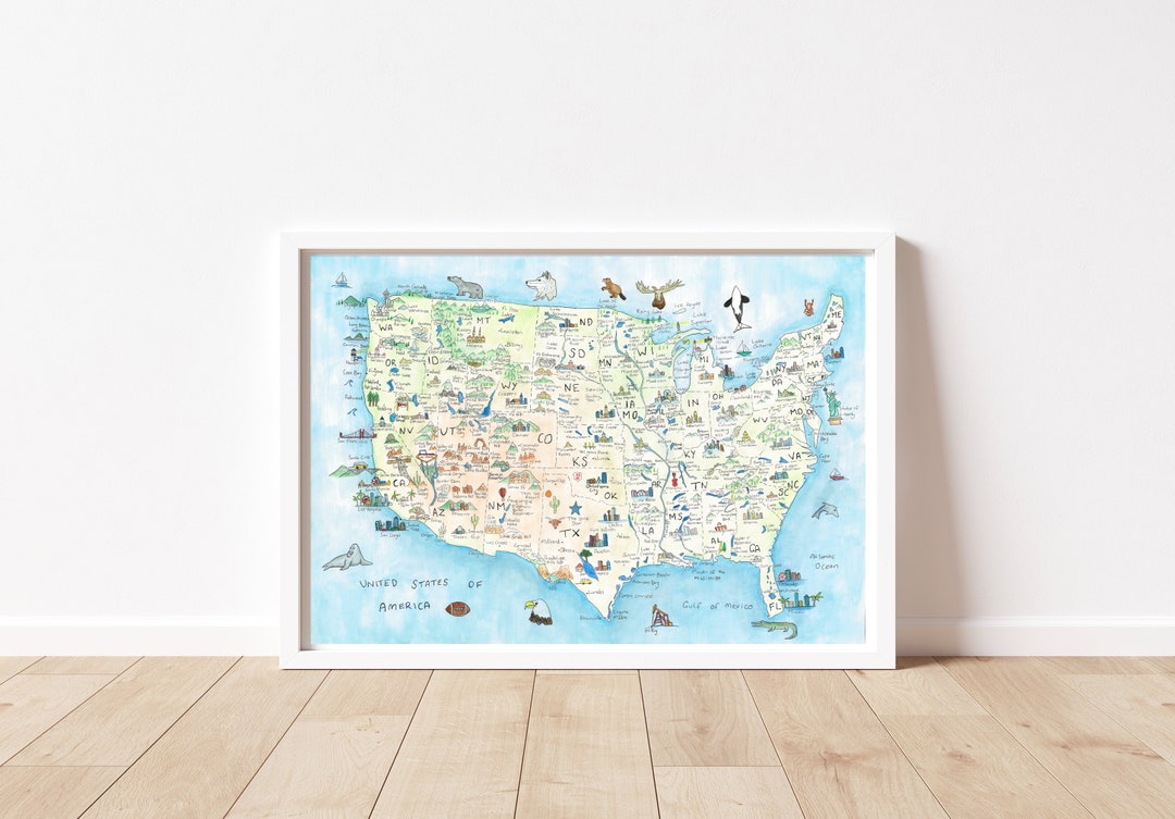 USA Wall Map, Water Colour Map, Tourist Attraction, A4 Art Print ...