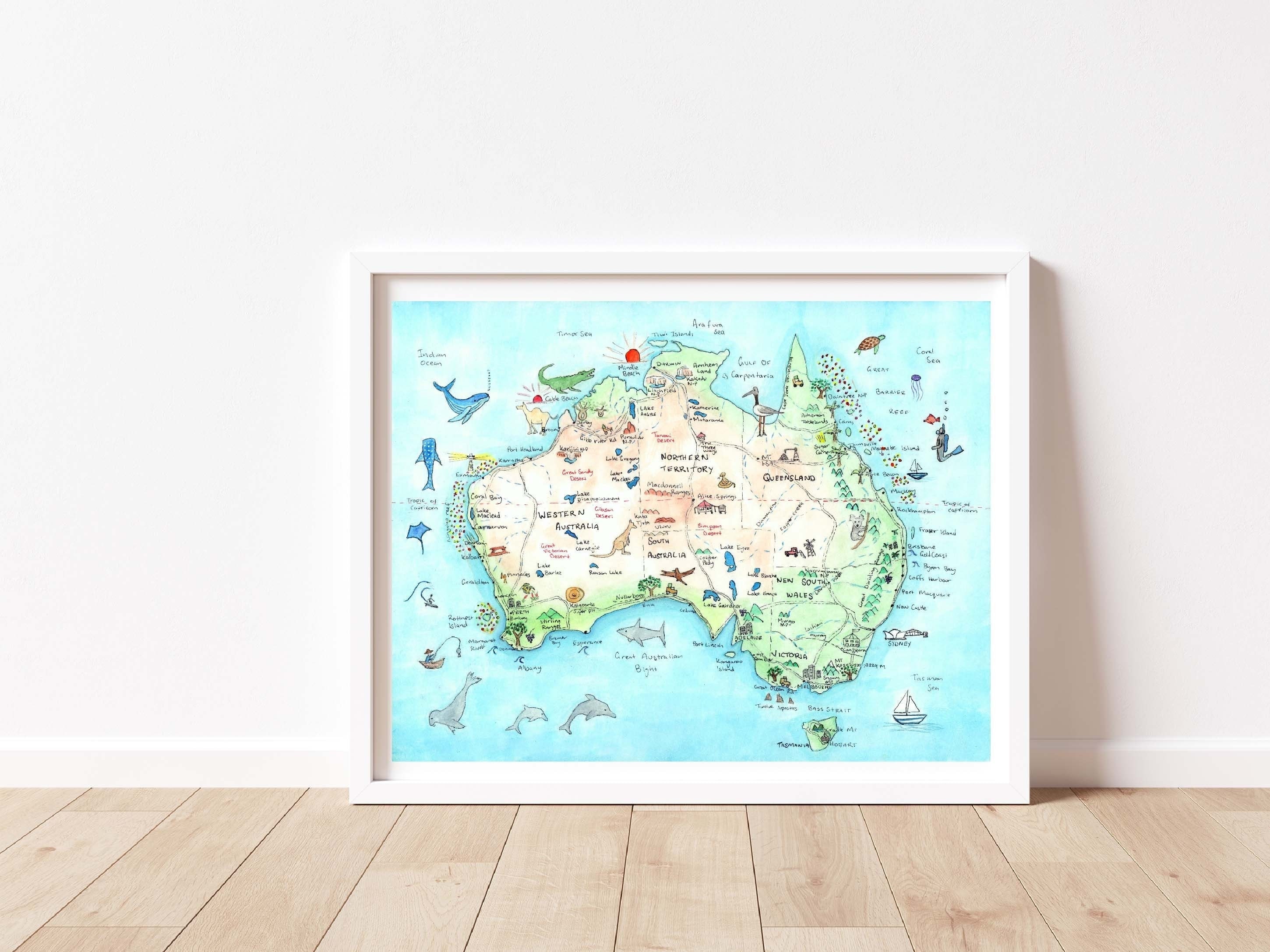 A4 Australian Map Art, Water Colour Map, Tourist Attraction, - Etsy
