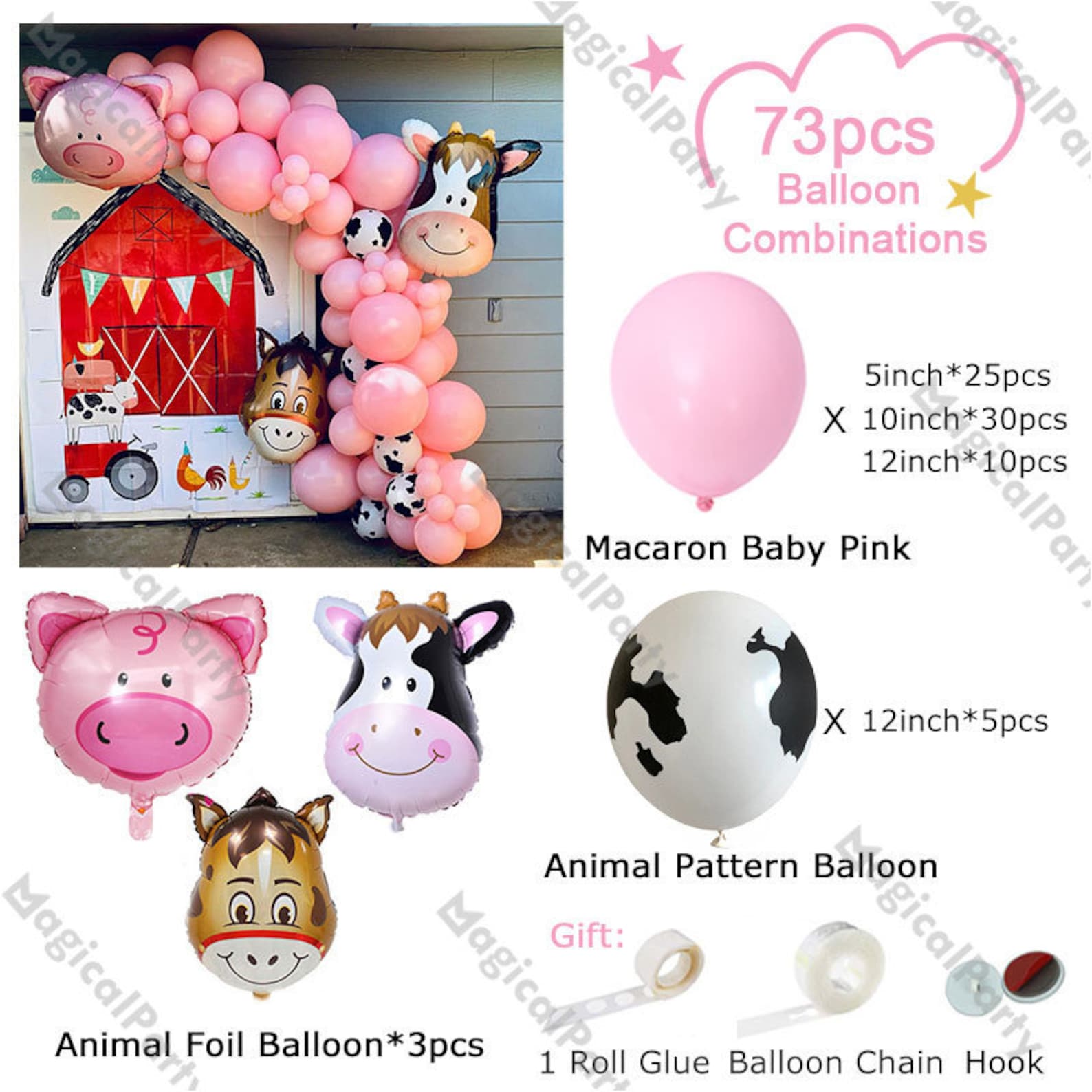 73pcs Pink Farm Animal Theme Balloon Garland Arch Kit With Pink, Cow ...
