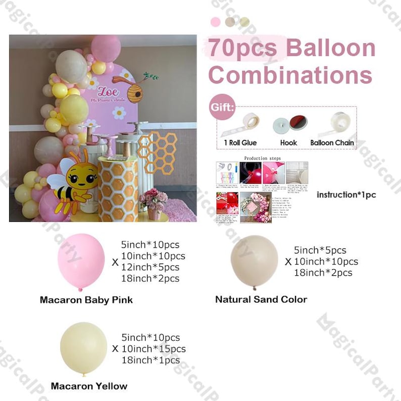 70pcs Bee Theme Balloon Kit Macaron Pink Yellow Natural Sand Balloons ...