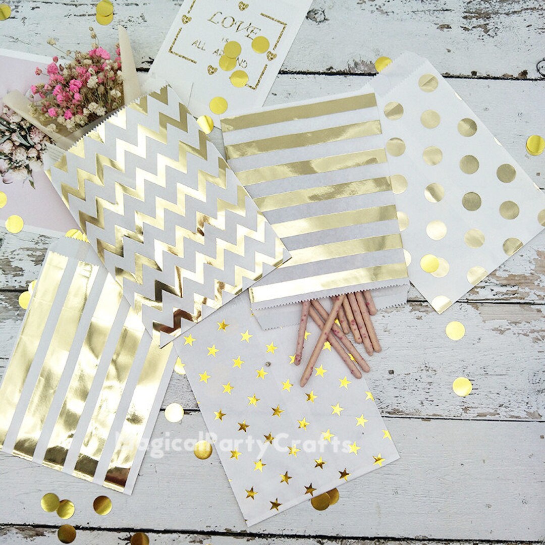 25pcs Foil Gold Silver Paper Bag Dot Stripe Stars Chevron Mini Paper ...