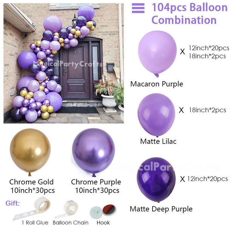 104pcs Purple Lavender Violet Balloon Garland Kit Chrome Gold Metallic ...