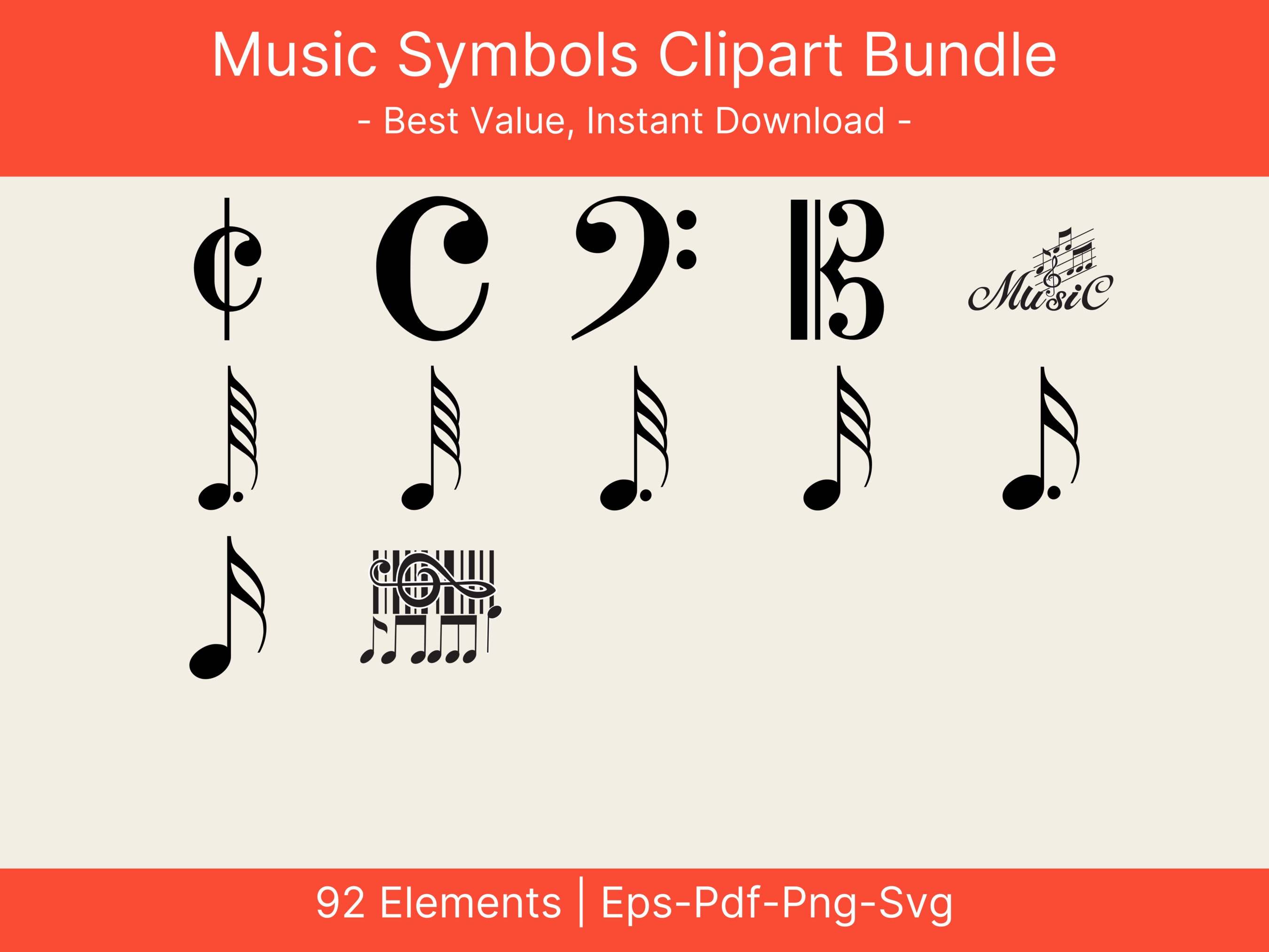 92 Musical Notes SVG, Vector Bundle, Music PNG Designs, Printable ...