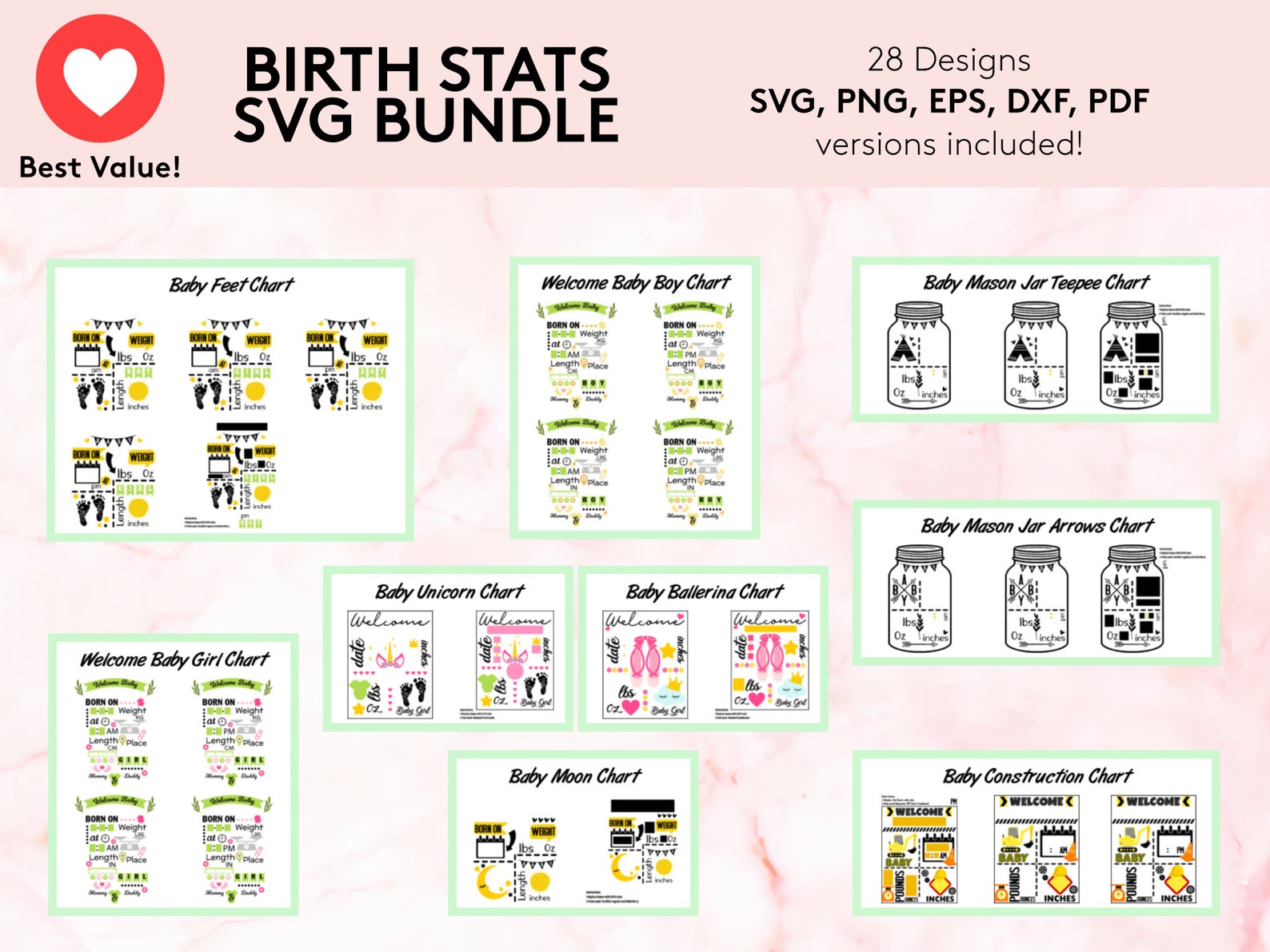 Baby Birth Announcement Bundle - SVG - DXF - EPS - Baby Stats - Metric ...