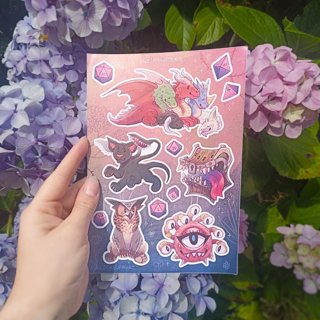 D&D Monsters Sticker Sheet ~ Tiamat, Mimic, Owlbear, Beholder ...