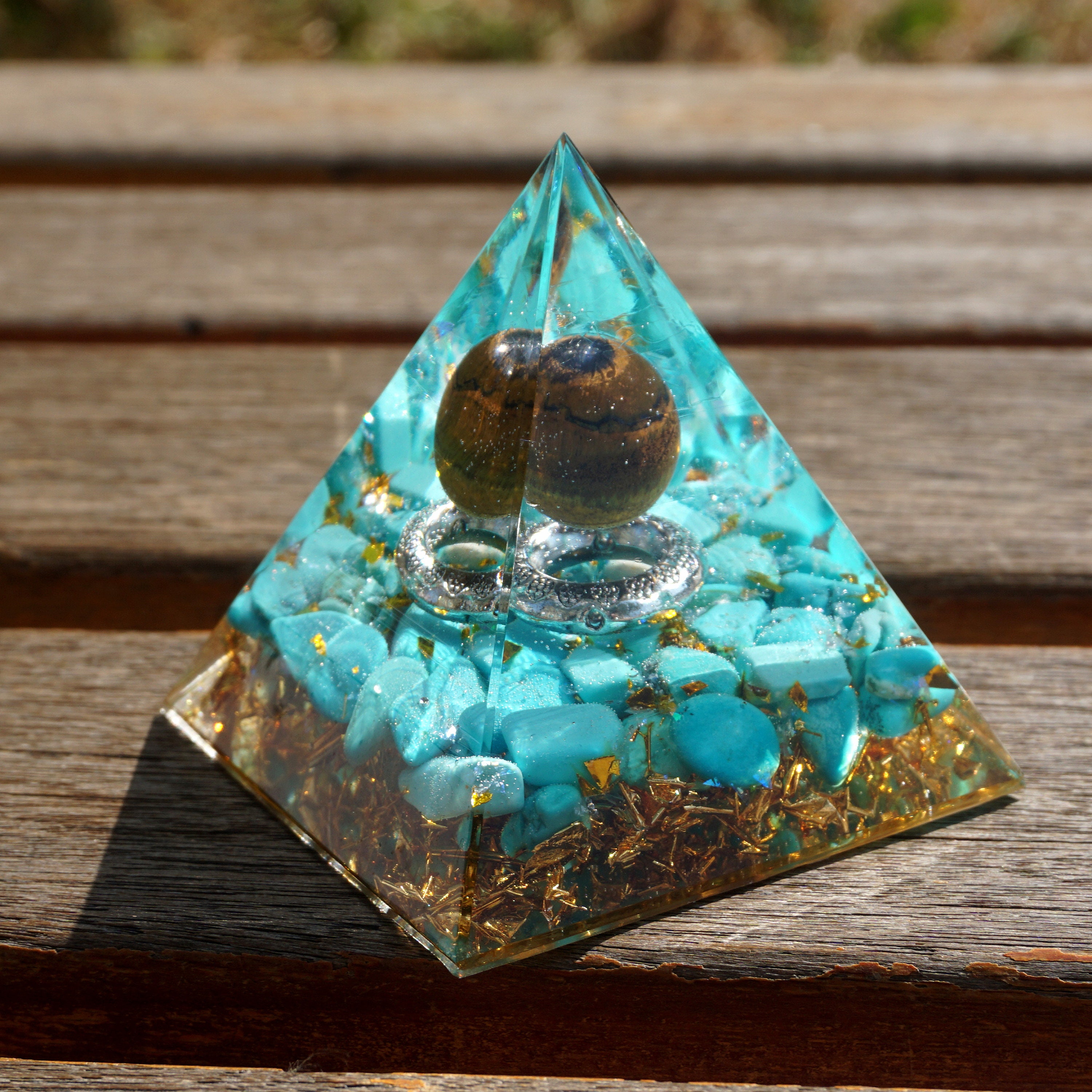 Magic Sun Tiger Eye Crystal Ball Orgone Pyramid With Turquoise - Etsy