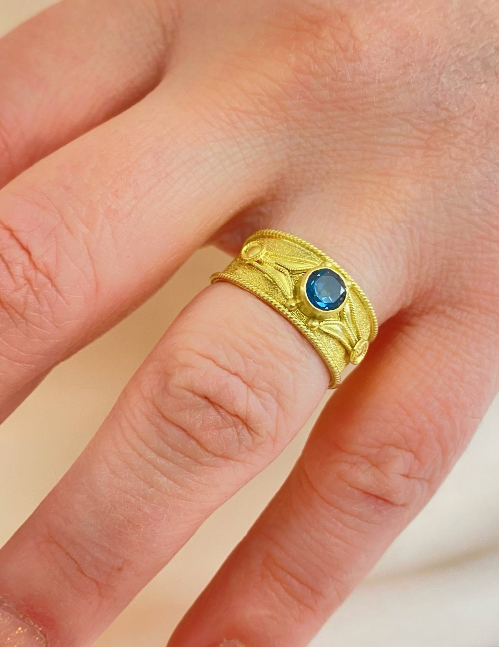 Byzantine Ring 18K Yellow Gold London Blue Topaz Stone Handmade Jewelry ...