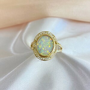 Opal Stone Ring | Greek Key Ring | 14K Yellow Gold Ring | Handmade ...