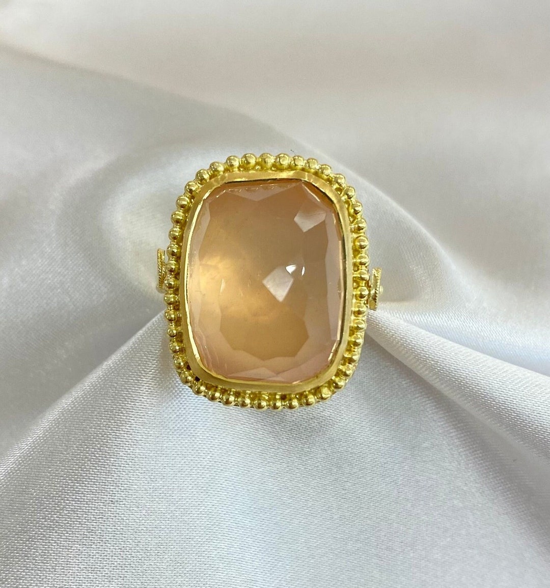 18K Yellow Gold Ring | Byzantine Style Ring | Rose Quartz | Quartz ...