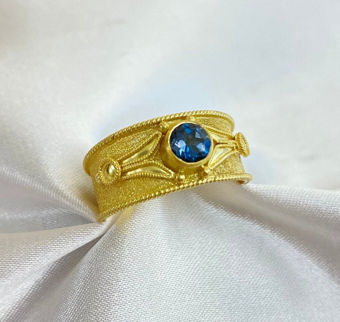 Byzantine Ring 18K Yellow Gold London Blue Topaz Stone Handmade Jewelry ...