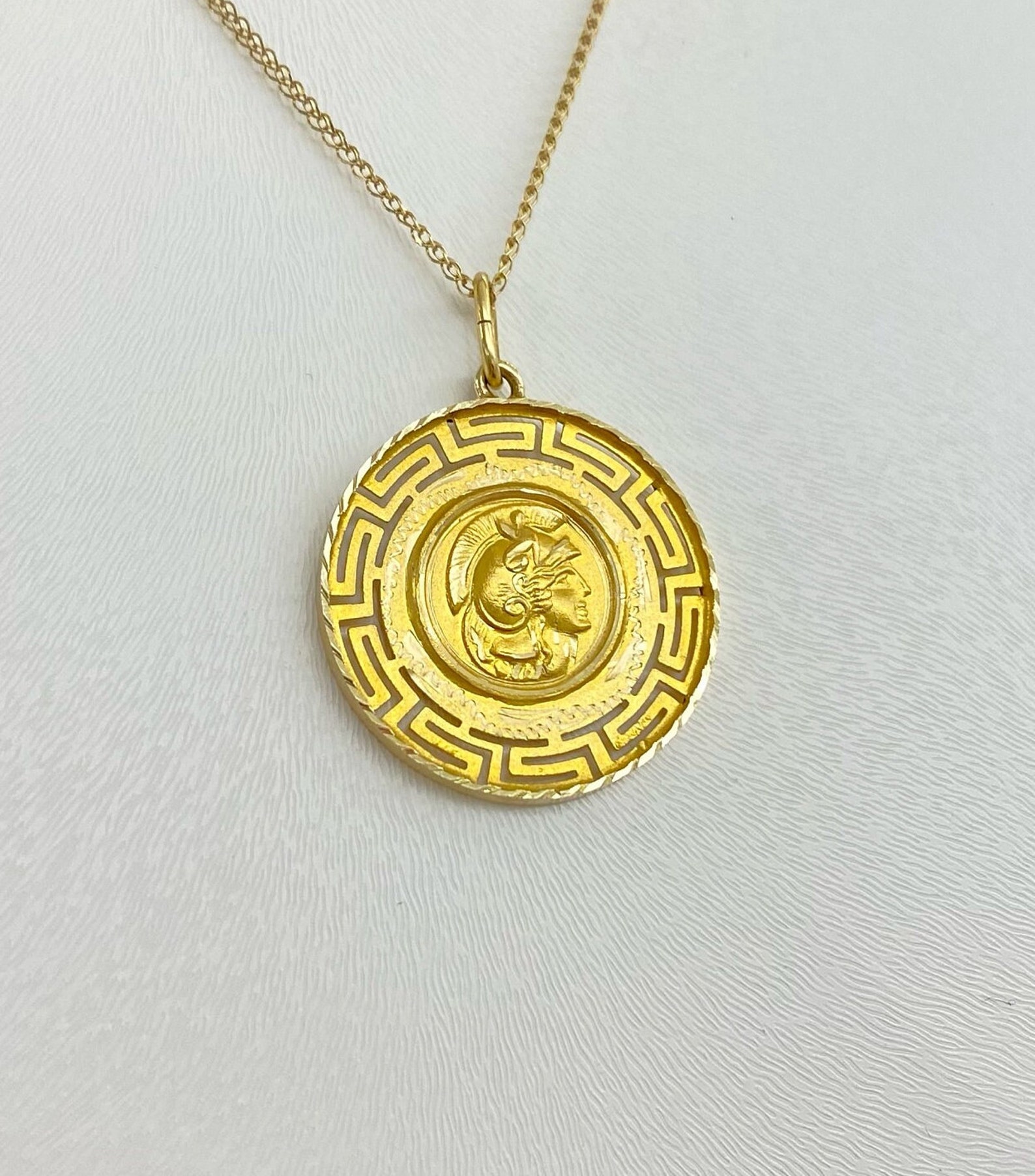 Athena Coin Pendant 14K Yellow Gold Greek Key Design Parthenon Design ...