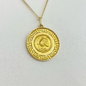 Athena Coin Pendant | 14K Yellow Gold | Greek Key Design | Parthenon ...