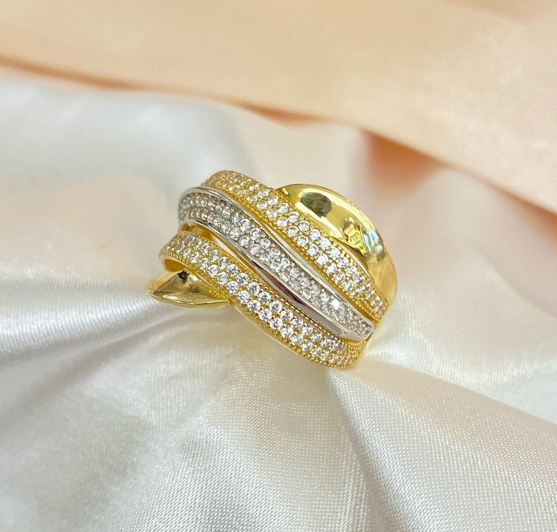 14K Gold Triple Band Ring: Zirconia Statement Jewelry - Etsy