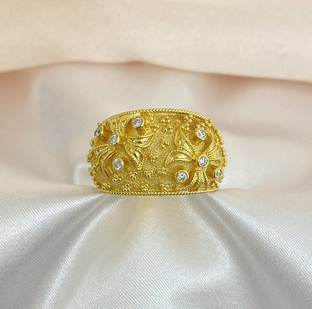 Handmade 18K Yellow Gold Byzantine Diamond Ring: Vintage Statement ...