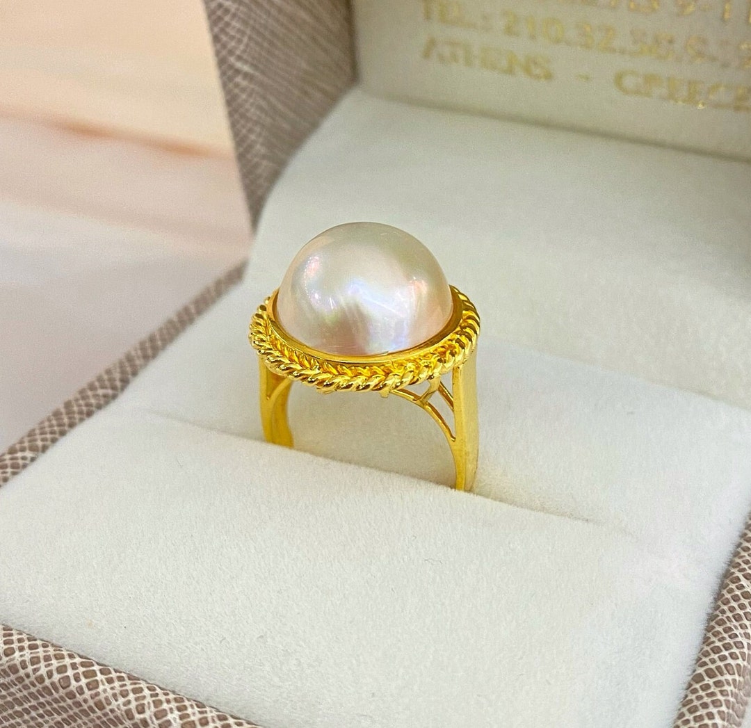 Anillo de perla de oro amarillo de 14 k hecho a mano: joyería con un ...
