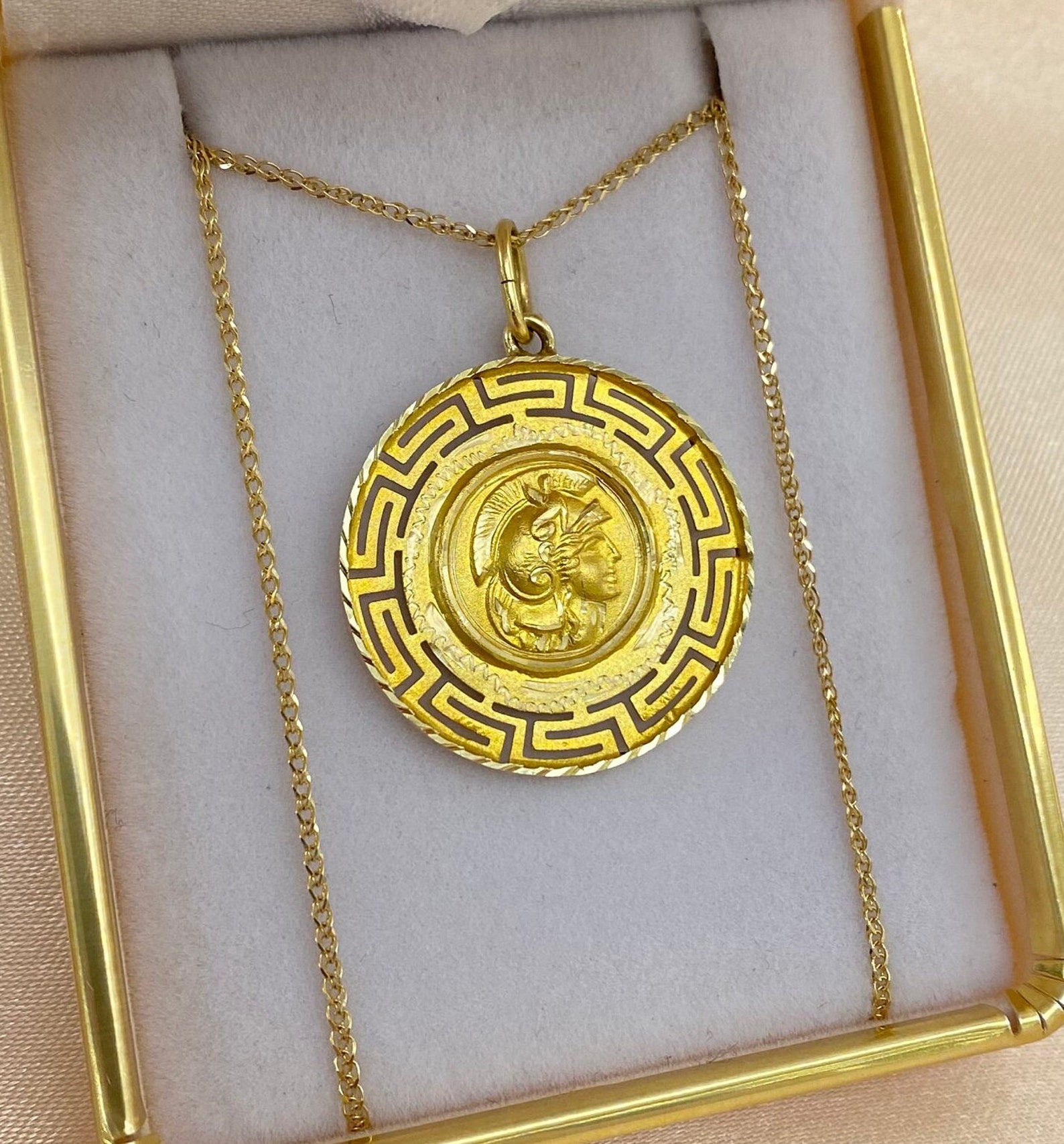 Athena Coin Pendant 14K Yellow Gold Greek Key Design Parthenon Design ...