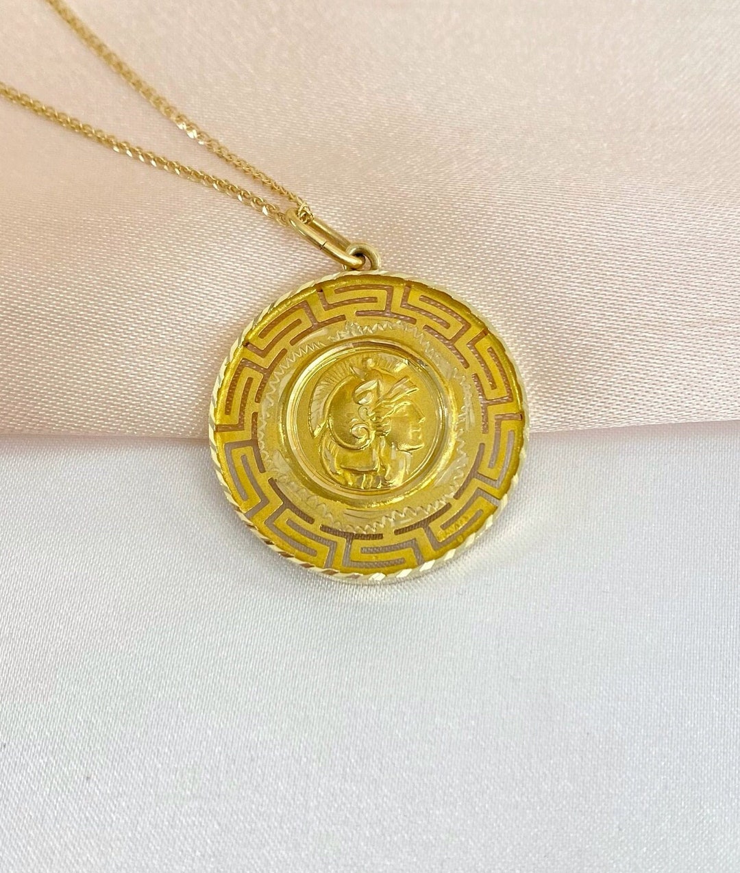 Athena Coin Pendant | 14K Yellow Gold | Greek Key Design | Parthenon ...