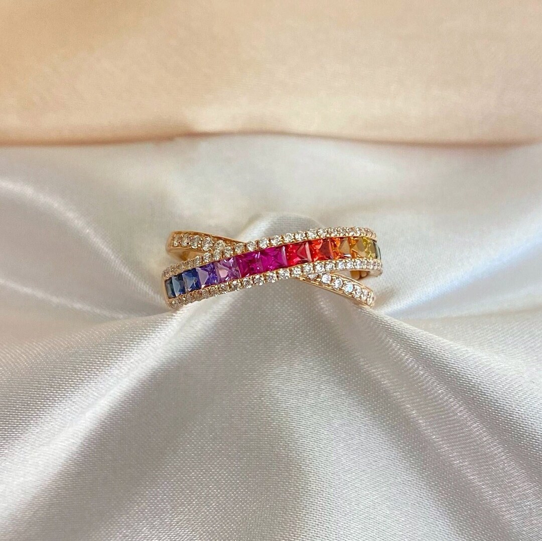 Rainbow Gold Ring | Multicolor Sapphires Stones | Diamond Stones | 18K ...