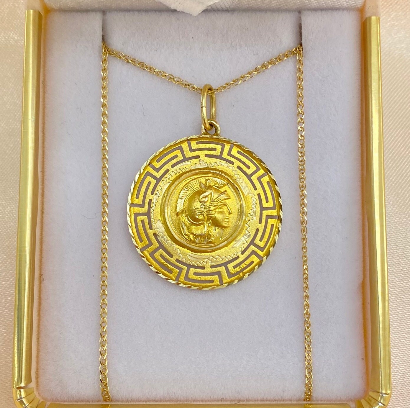 Athena Coin Pendant 14K Yellow Gold Greek Key Design Parthenon Design ...