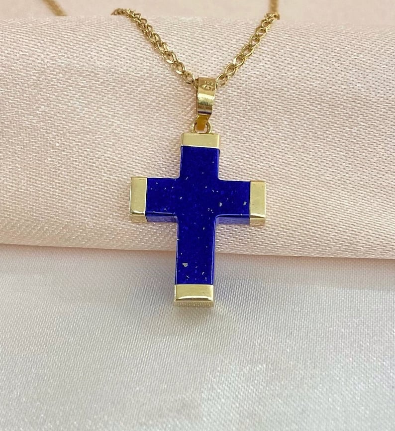 14K Yellow Gold Lapis Lazuli Cross Pendant - Handmade Jewelry - Etsy