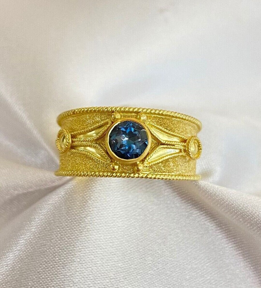 Byzantine Ring 18K Yellow Gold London Blue Topaz Stone Handmade Jewelry ...