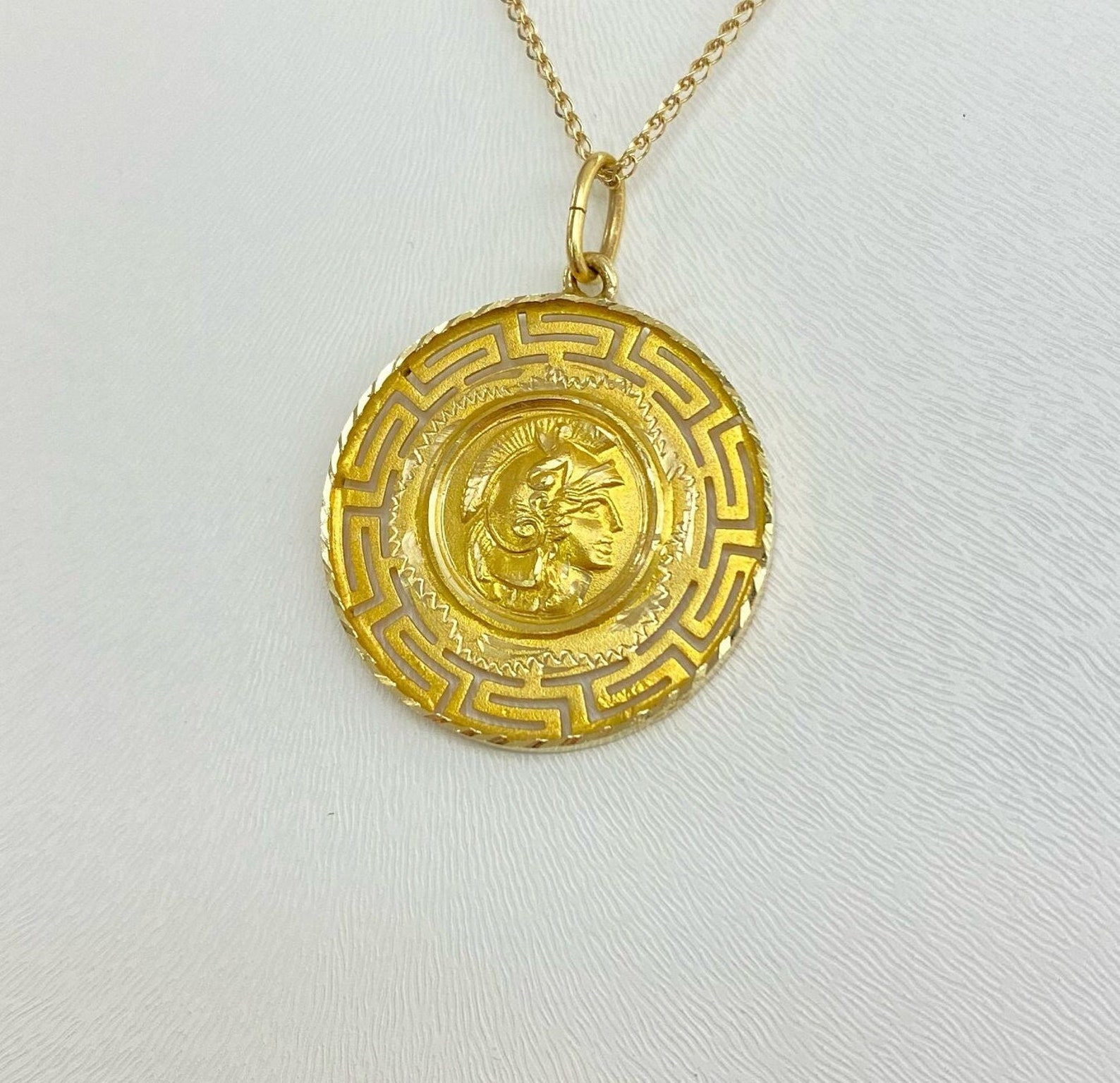 Athena Coin Pendant 14K Yellow Gold Greek Key Design Parthenon Design ...