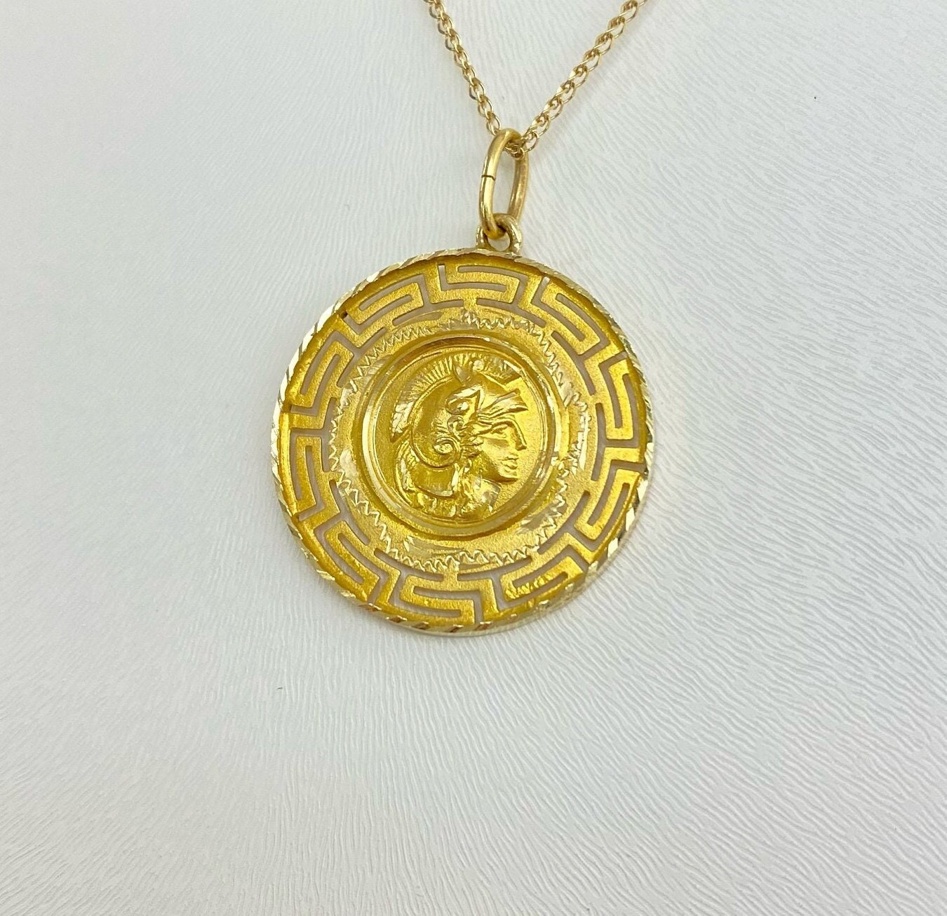 Athena Coin Pendant 14K Yellow Gold Greek Key Design Parthenon Design ...