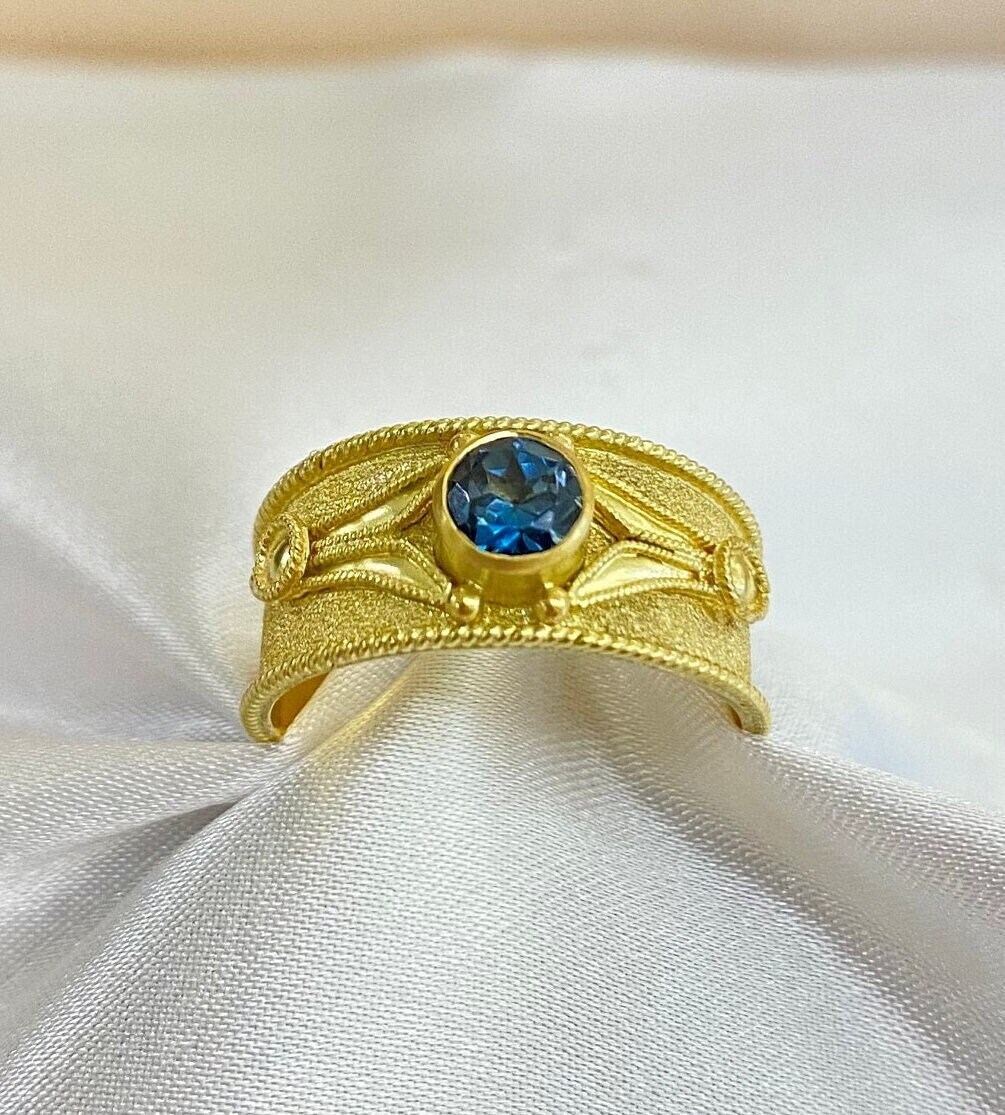 Byzantine Ring 18K Yellow Gold London Blue Topaz Stone Handmade Jewelry ...