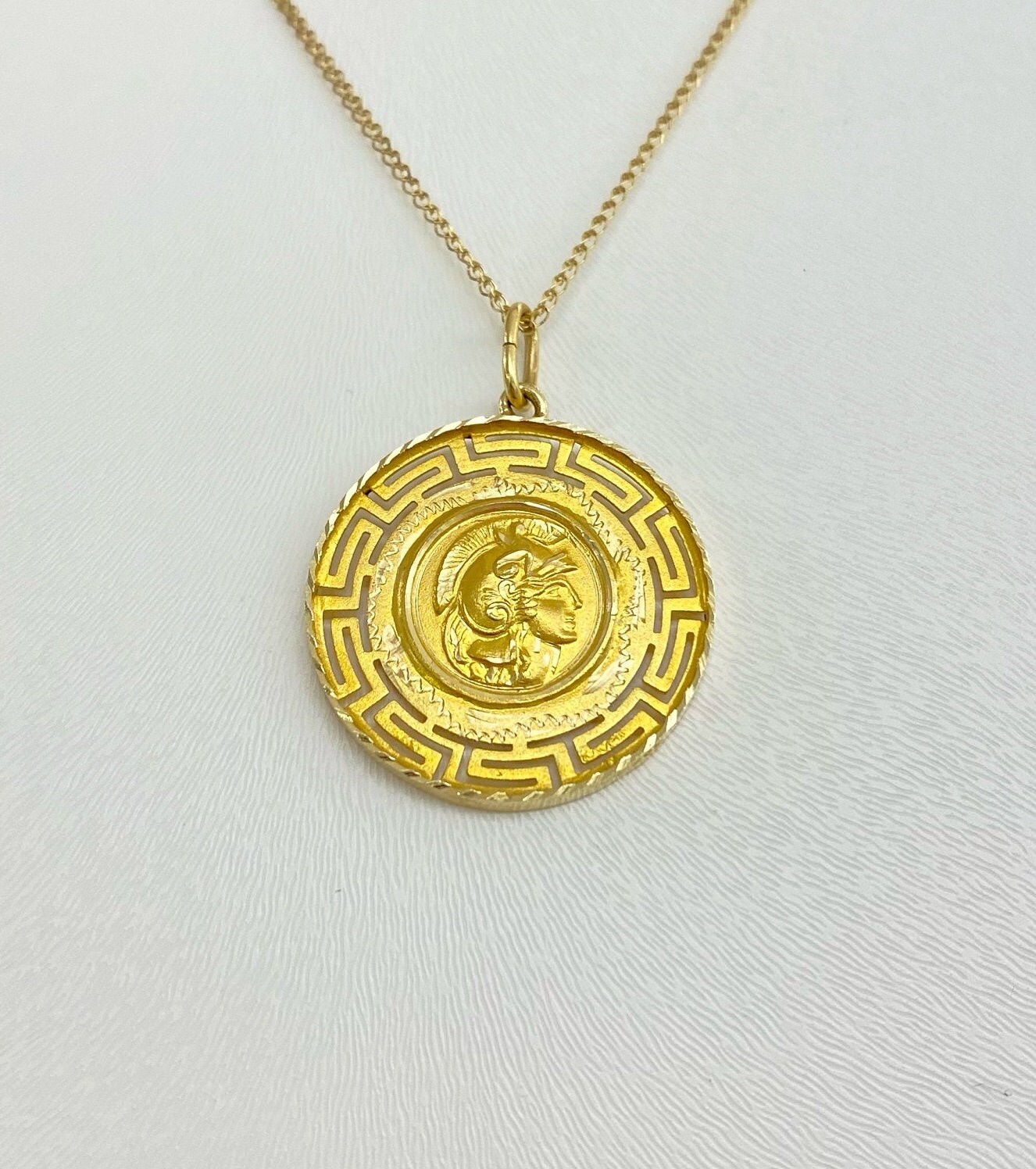 Athena Coin Pendant 14K Yellow Gold Greek Key Design Parthenon Design ...