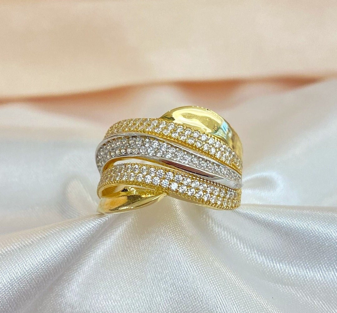 14K Gold Triple Band Ring: Zirconia Statement Jewelry - Etsy