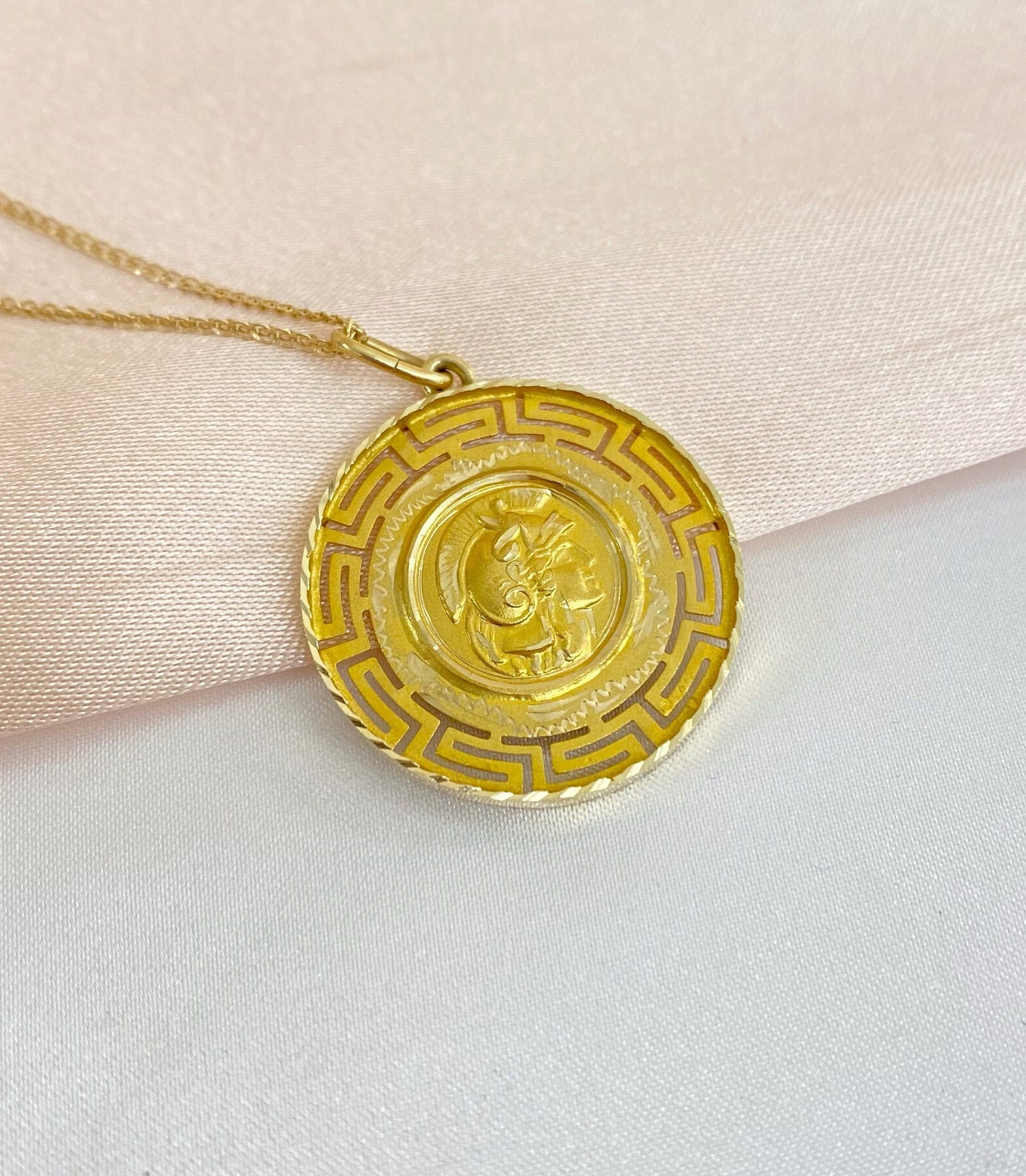 Athena Coin Pendant 14K Yellow Gold Greek Key Design Parthenon Design ...