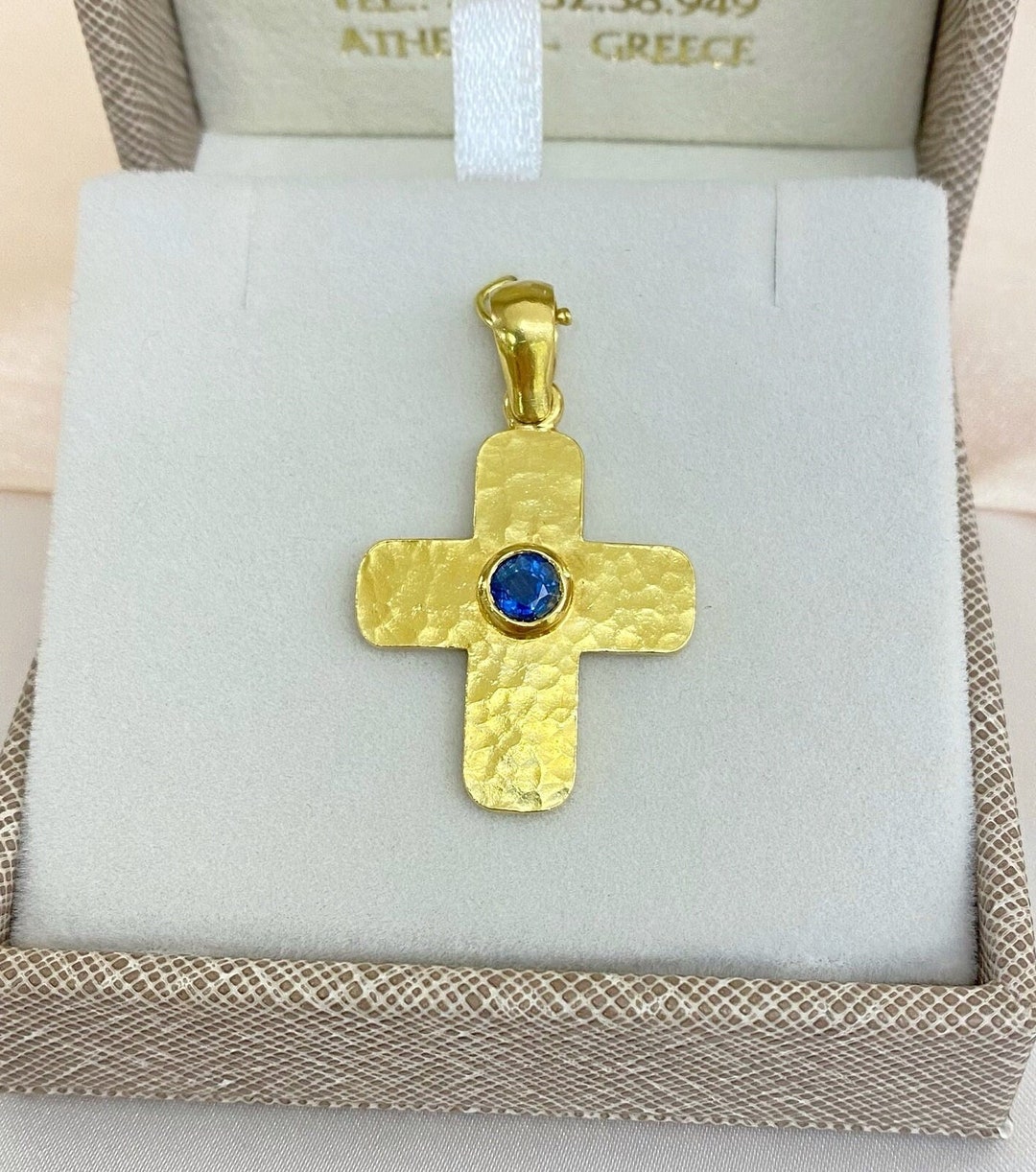 Byzantine Style Cross | Sapphire Gold Cross Pendant | Forged Gold Cross ...