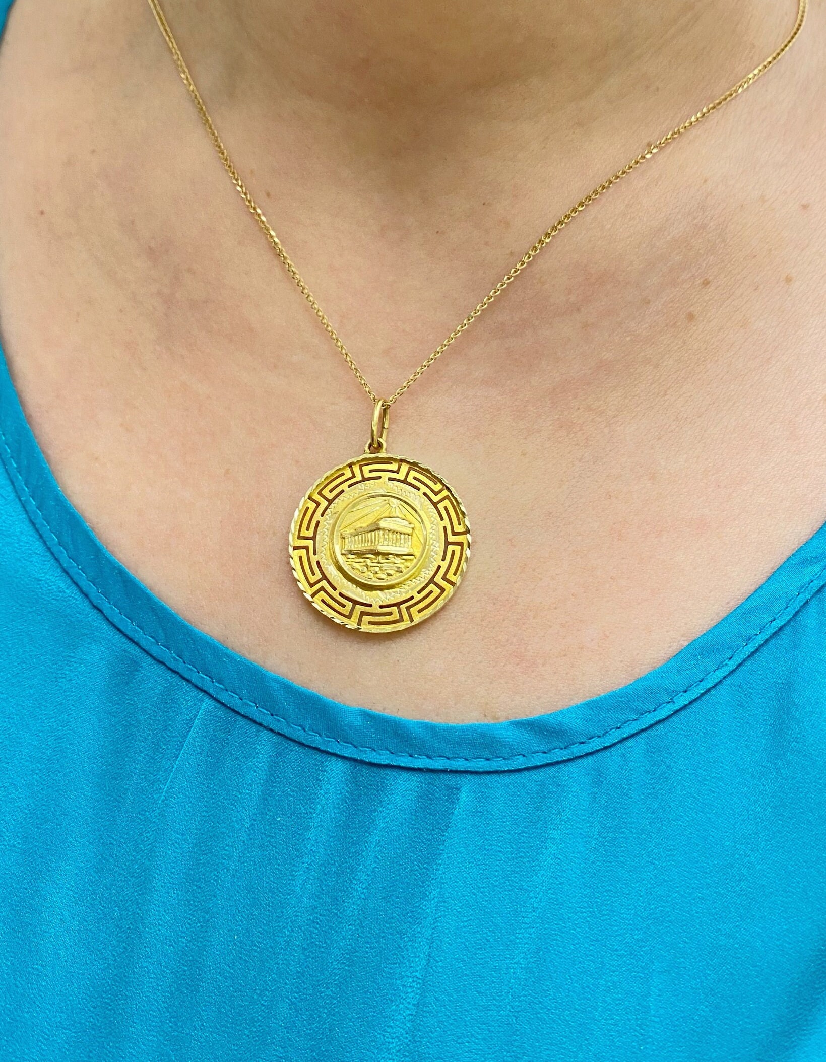 Athena Coin Pendant 14K Yellow Gold Greek Key Design Parthenon Design ...