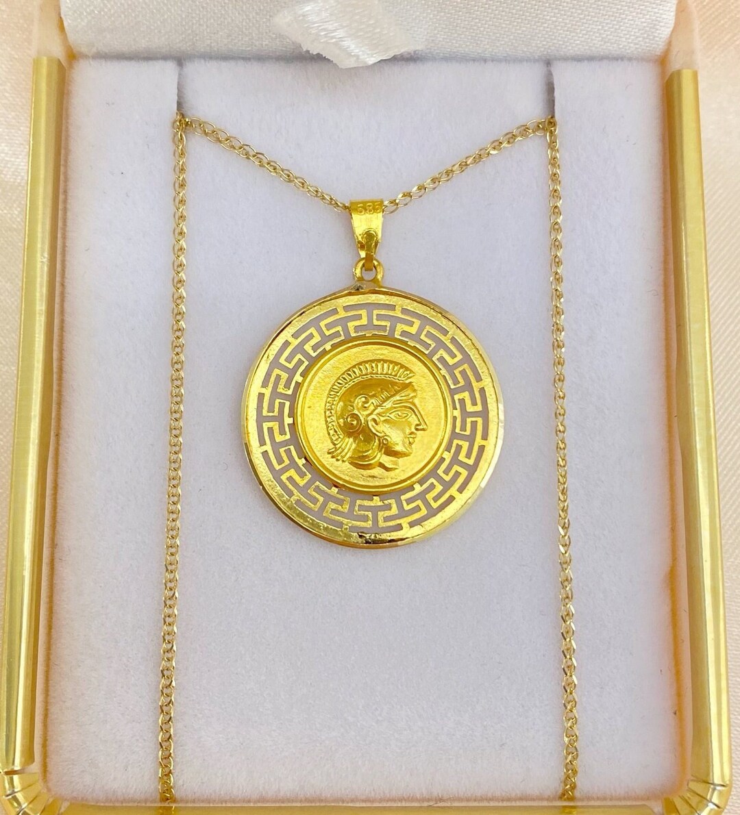 14K Yellow Gold Necklace | Athena Coin Pendant | Greek Key | Parthenon ...