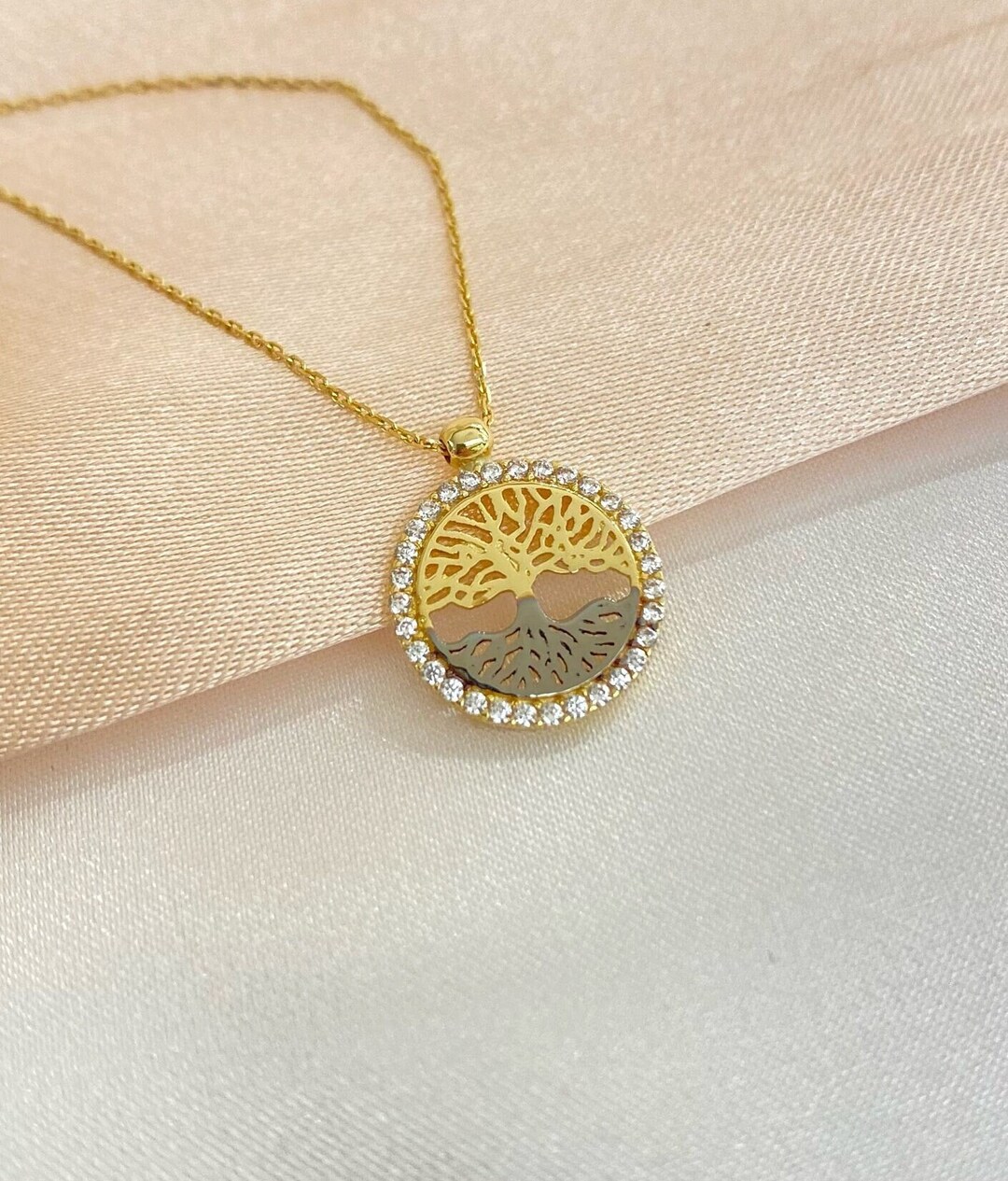 14K Yellow Gold Necklace Tree of Life Pendant Zirconia Stones Pendant ...