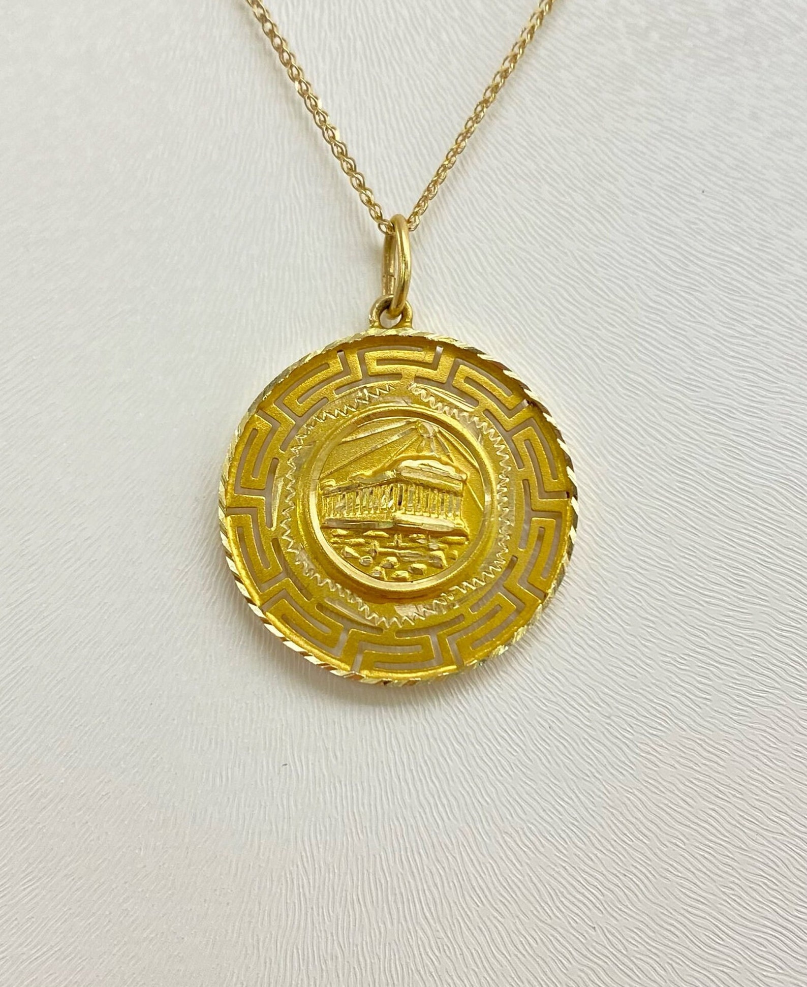 Athena Coin Pendant 14K Yellow Gold Greek Key Design Parthenon Design ...